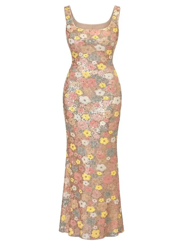 GIRL IN MIND Lisbon Square Neck Pink & Sequin Midi Dress - Gold