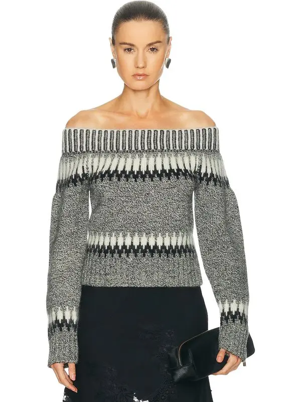 Monse Fair Isle Off Shoulder Sweater In Grey - Grey Multi
