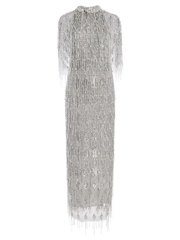Monique Lhuillier Embroidered Fringe Midi Dress With Outerwear Let - Silver