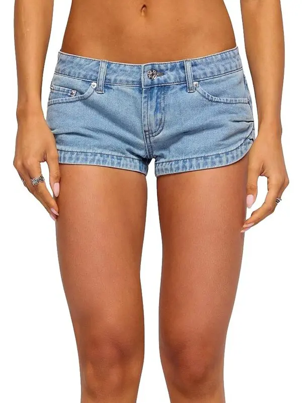 EDIKTED Pleated Low Rise Denim Micro Shorts - Light-blue