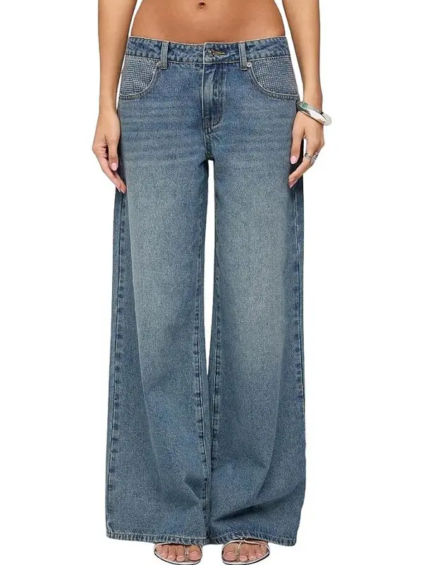 EDIKTED Rhinestone Low Rise Wide Leg Jeans - Light-blue-washed