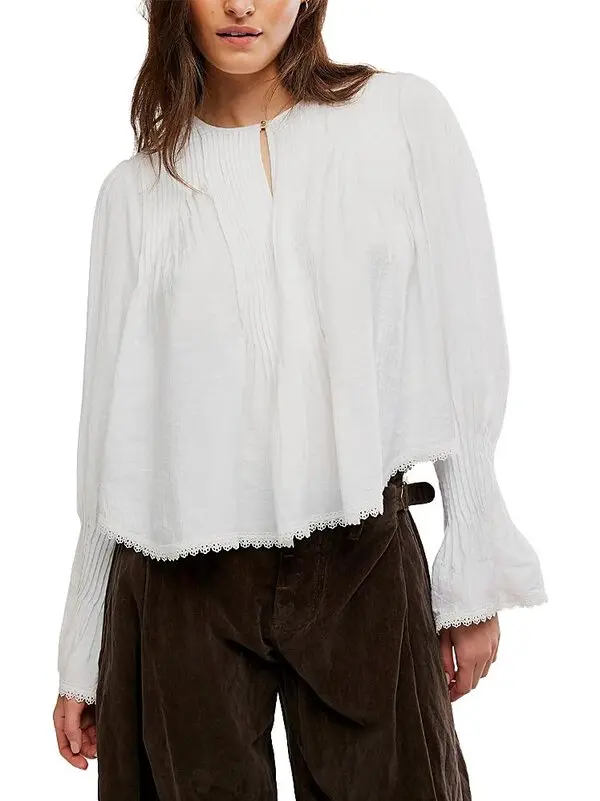 Free People Thousand Pintucks Lace Trim Blouse - Clean Ivory