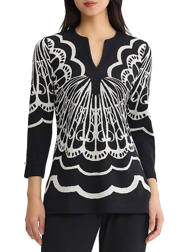 Ming Wang Feminine Soft Jacquard Knit Tunic - Black/ivory