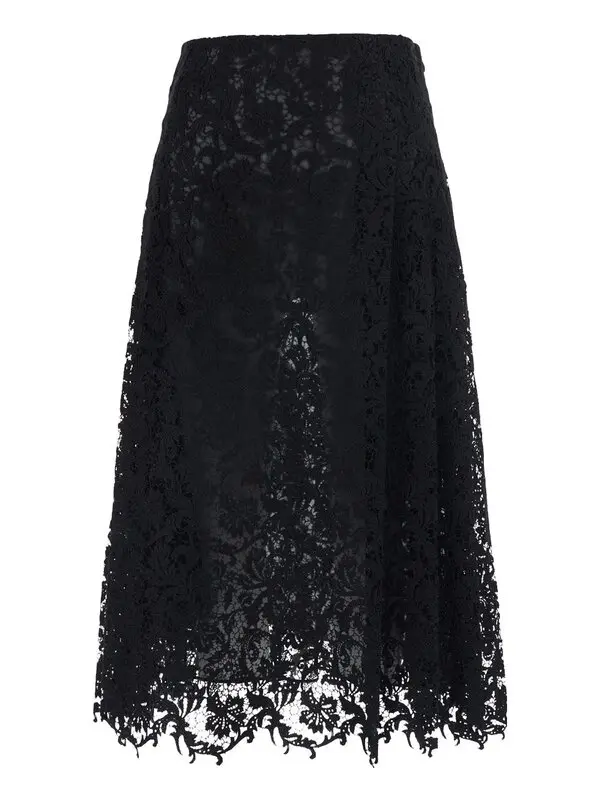 Fendi Flared Midi Skirt With Lace Embroidery In Cotton Blend - Black