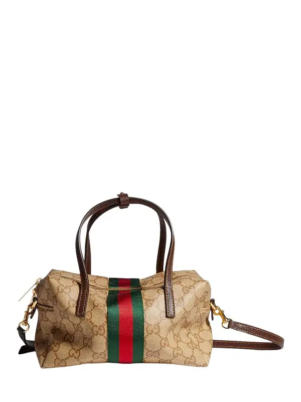 Gucci Boston Mini Handbag With Web Detail, Adjustable Removable Strap, Gg Canvas - Beige