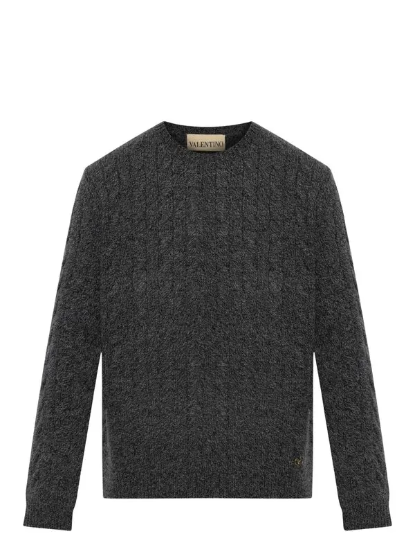 Valentino Garavani Merino Wool Cable Knit Sweater With Regular Fit And Crew Neck - Grey