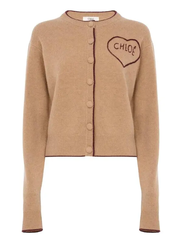 Chloé Ribbed Trim Logo Knit Cardigan In Wool And Cashmere - Brown