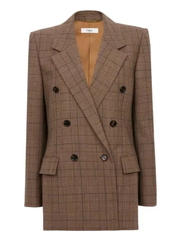 Chloé Double-breasted Check Wool Jacket With Horn Buttons - Brown