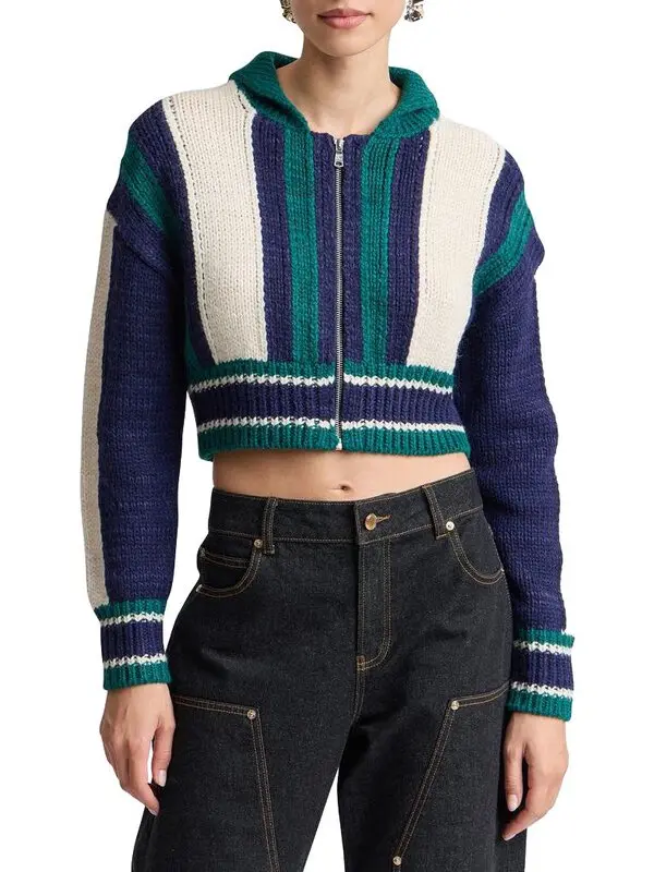 Avec Les Filles Striped Chunky Zip Cardigan - Navy Combo