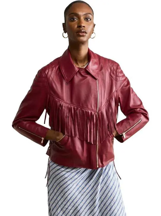FURNIQ UK Dakota Fringed Leather Jacket - Light Burgundy