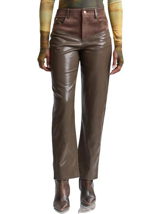 Avec Les Filles High Waist Yoke Slim Faux Leather Pants - Olive