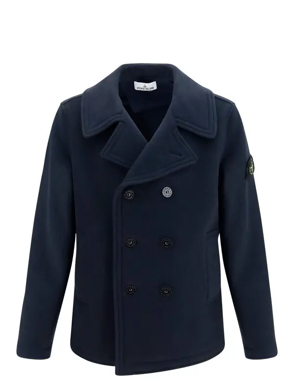 Stone Island Doube-breasted Woo And Cashmere Jacket Mae - Blue