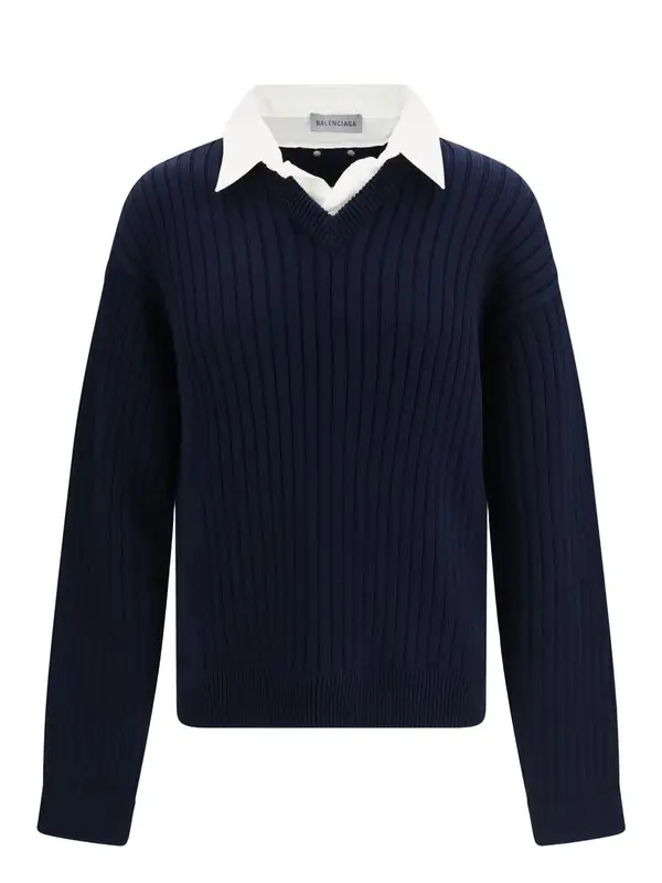 Balenciaga Cotton Sweater With Shirt Details Ale - Blue