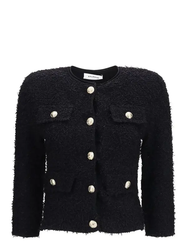 Balmain Double-breasted Tweed Cropped Jacket With Logo Buttons - Black