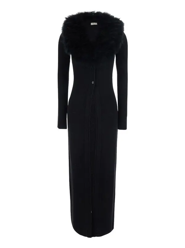 Blumarine Black Long Dress With High Fur Collar In Wool For - Multicolor