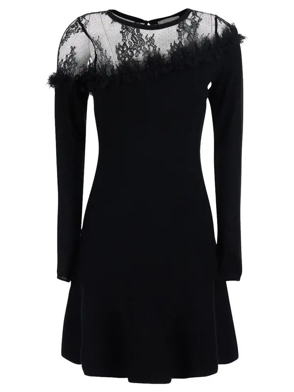 Blumarine Black Round Neck Dress With Front Lace Embroidery In Wool For - Multicolor