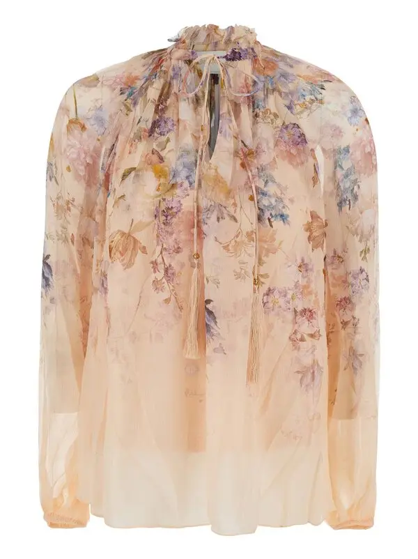 Zimmermann Valiant Billow Blouse With Wide Sleeves And Collar, In Viscose, Color Pink - Multicolor