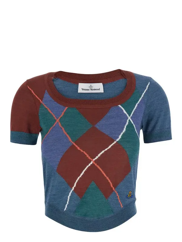 VIVIENNE WESTWOOD Blue Crop Top With Argyle Motif And Embroidered Logo On The Front In Wool - Multicolor