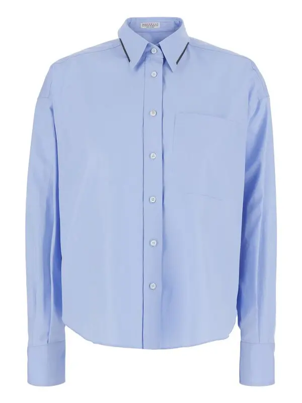 Brunello Cucinelli Light Blue Shirt With Monili Decoration On The Collar In Cotton - Multicolor