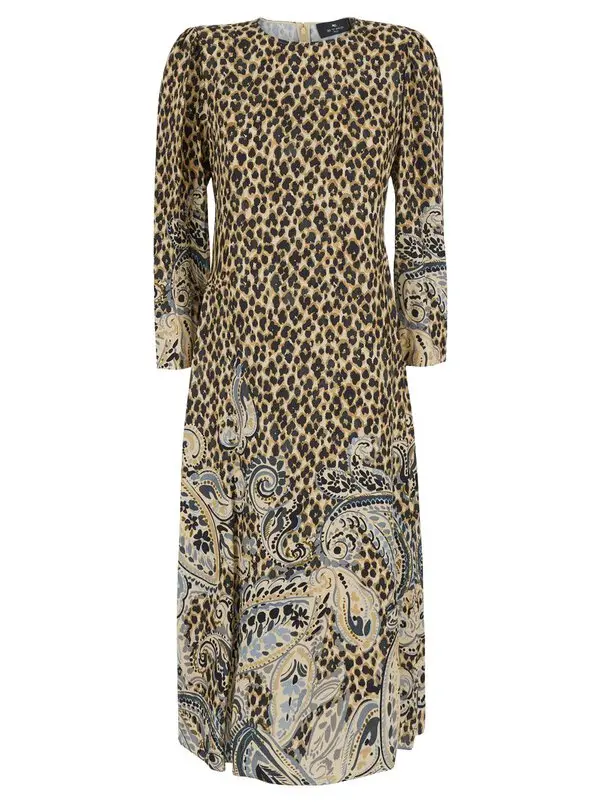 Etro Brown Round Neck Dress With Floral Animalier Print In Tech Fabric - Multicolor