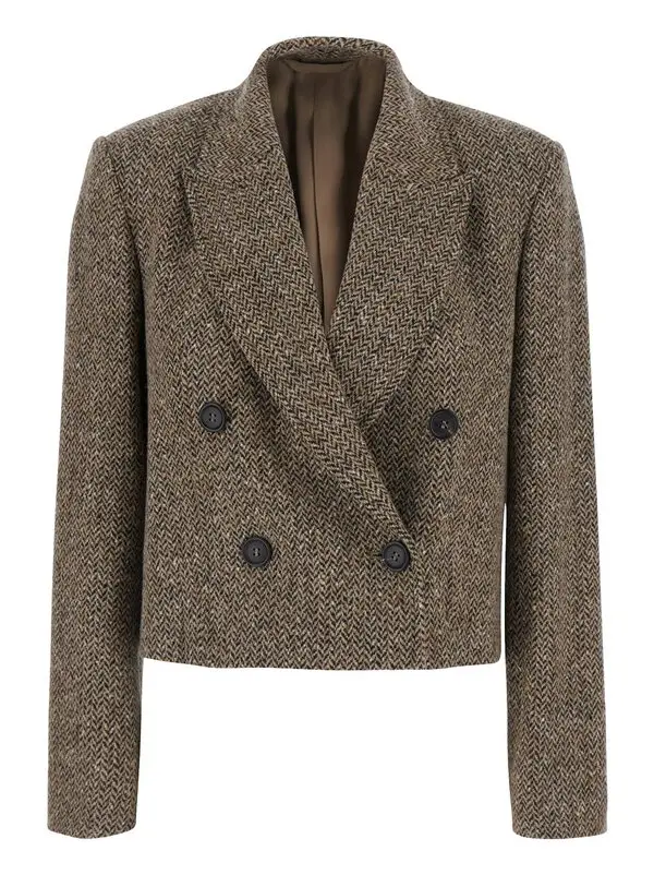 Brunello Cucinelli Beige Crop Jacket With Peak Revers In Virgin Wool Blend For - Multicolor