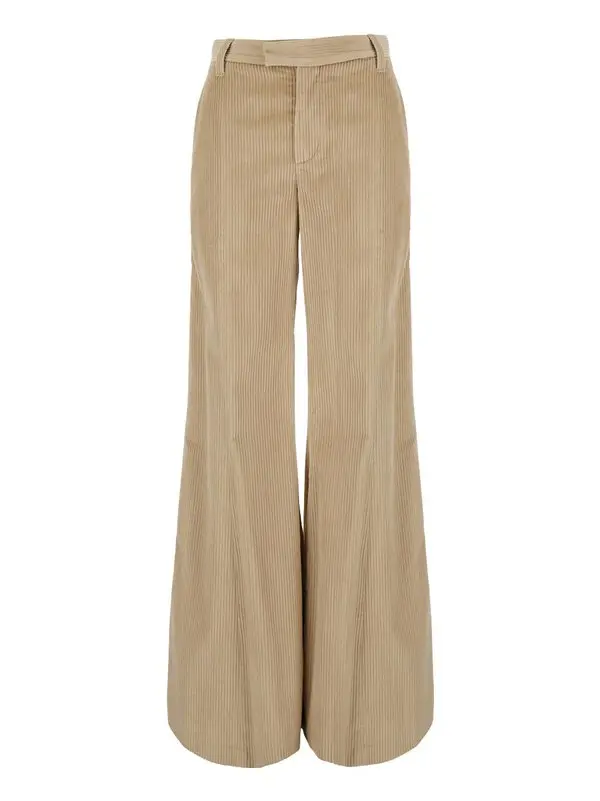 Brunello Cucinelli Beige High-waisted Pants With Monile On The Belt Loop And Wide Leg In Corduroy For - Multicolor