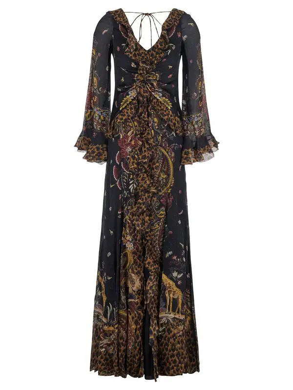 Etro Brown Long Dress With V-neck And Ruffled Sleeves In Tech Fabric - Multicolor