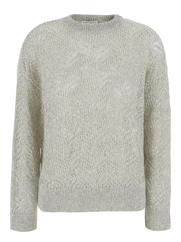 Brunello Cucinelli Gray Crewneck Sweater With Sequin Decoration And Ribbed Finishes In Blend Wool For - Multicolor