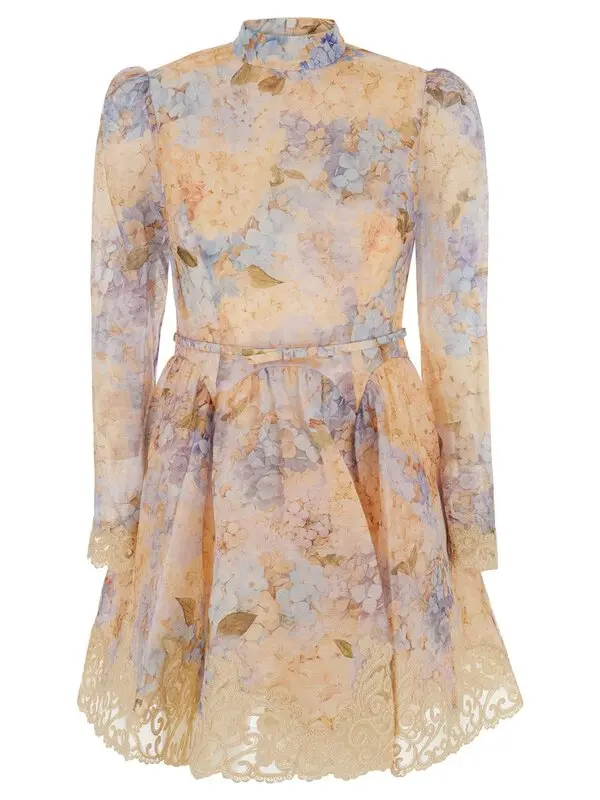 Zimmermann Valiant' Dress With High Neck And All-over Floral Print In Linen And Silk Blend For - Multicolor