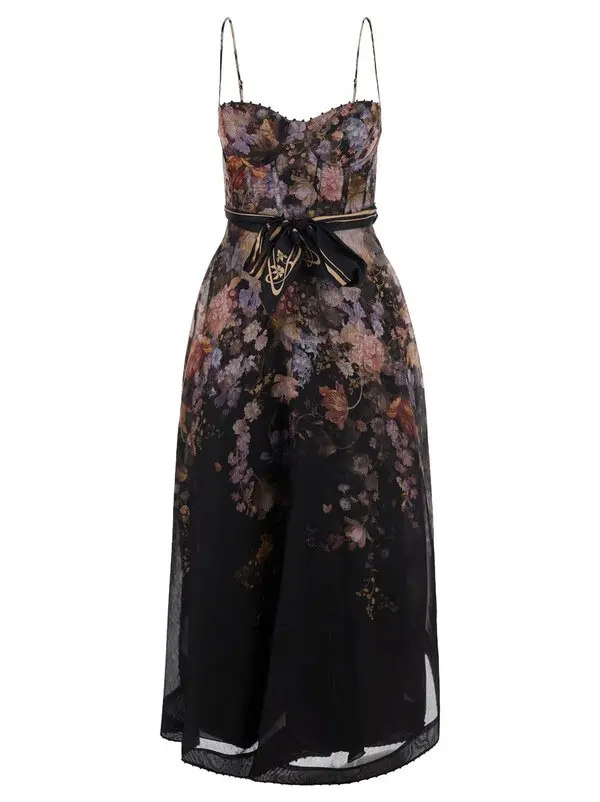 Zimmermann Valiant' Black Dress With Spaghetti Straps And All-over Floral Print In Linen And Silk Blend For - Multicolor
