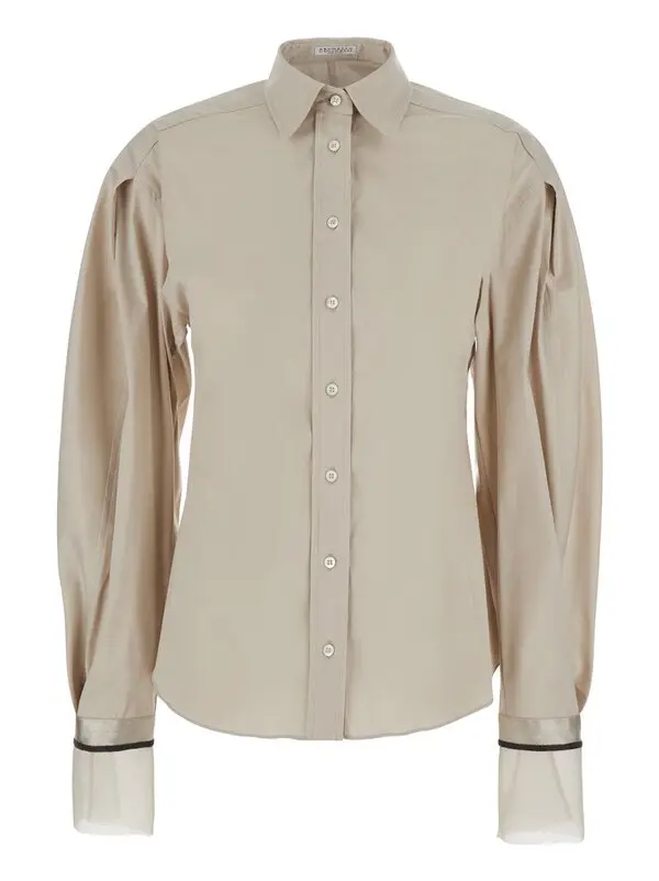 Brunello Cucinelli Beige Shirt With Monili Decorations On The Cuffs In Cotton Poplin - Multicolor