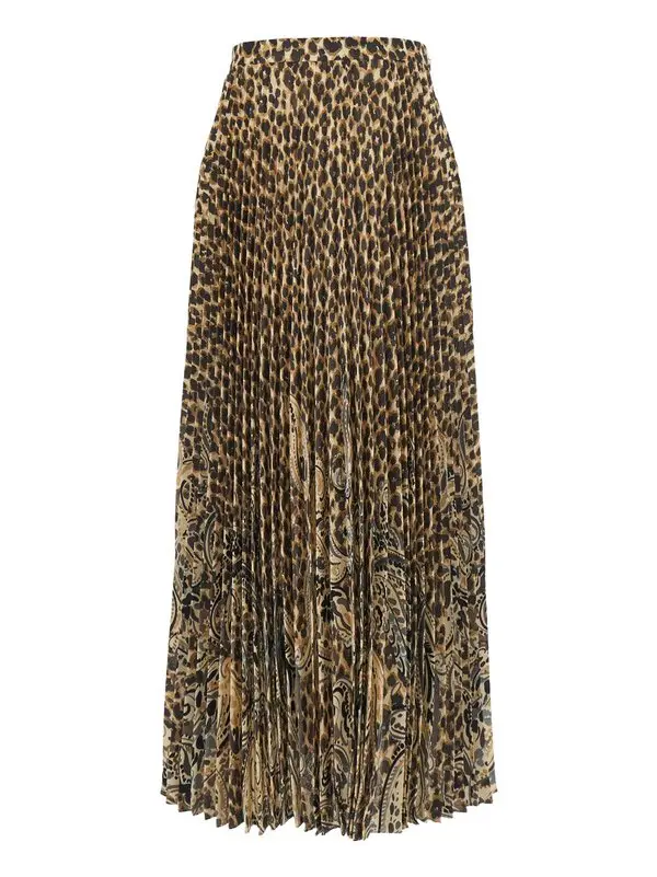 Etro Brown High-waisted Midi Skirt With All-over Leopard Motif In Tech Fabric - Multicolor