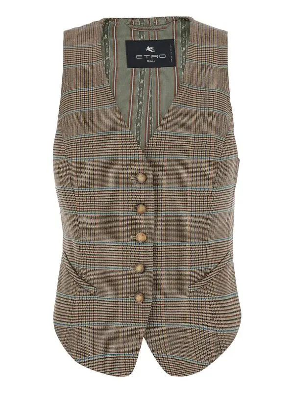 Etro Beige Single-breasted Vest With V-neck And Prince Of Wales Motif In Blend Wool - Multicolor