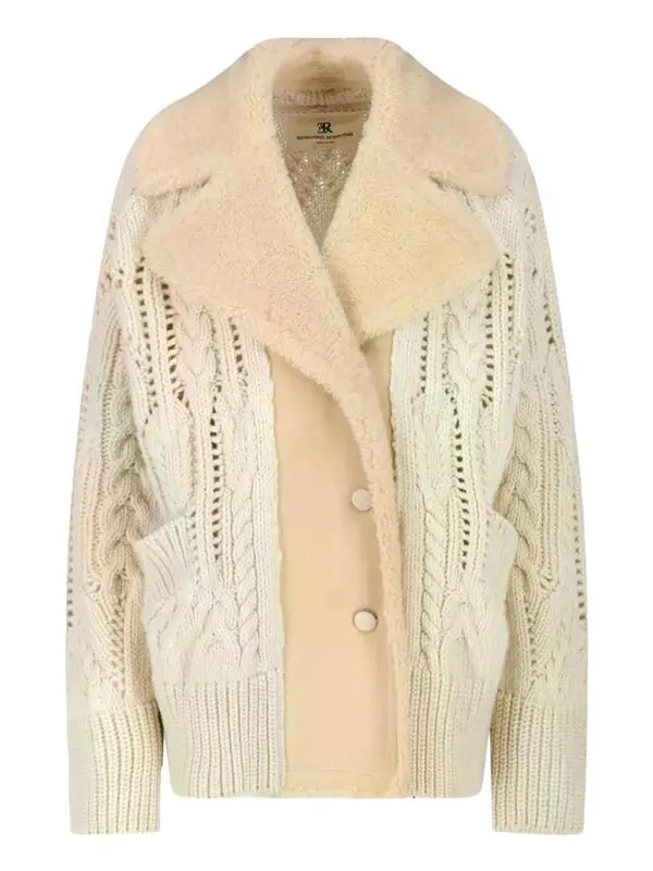 Ermanno Scervino Oversized Cable-knit Shearling-collar Cardigan - Neutrals