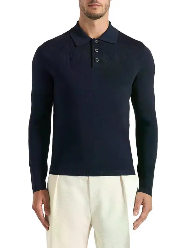 Manière De Voir Pl002 In Navy Luxe Knitted Long-sleeve Polo Top - Blue