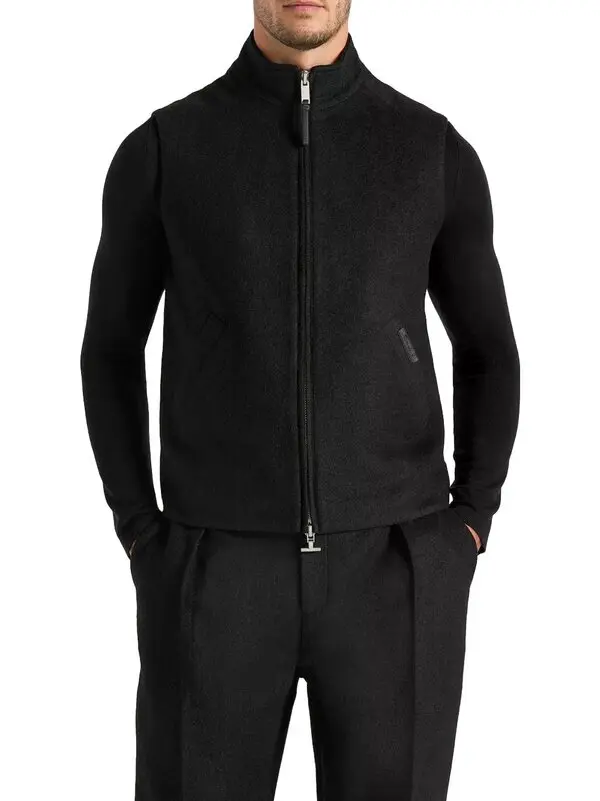 Manière De Voir Levi In Herringbone-brushed Wool Zip Gilet - Black
