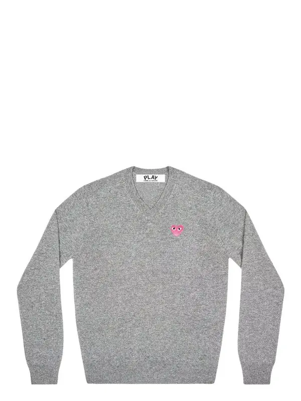 Play Comme Des Garcon Heart-patch V-neck Sweater - Grey