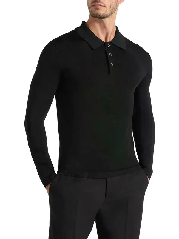 Manière De Voir Pl002 In Luxe Knitted Long Sleeve Polo Top - Black