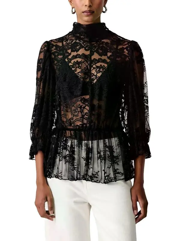 VICOLO Lace-overlay Peplum Blouse - Black