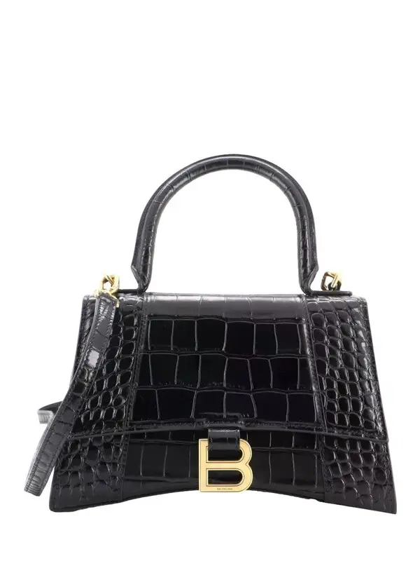 Balenciaga Hourglass Top Handle Bag Crocodile Embossed Leather Small Crossbody Bag - Black