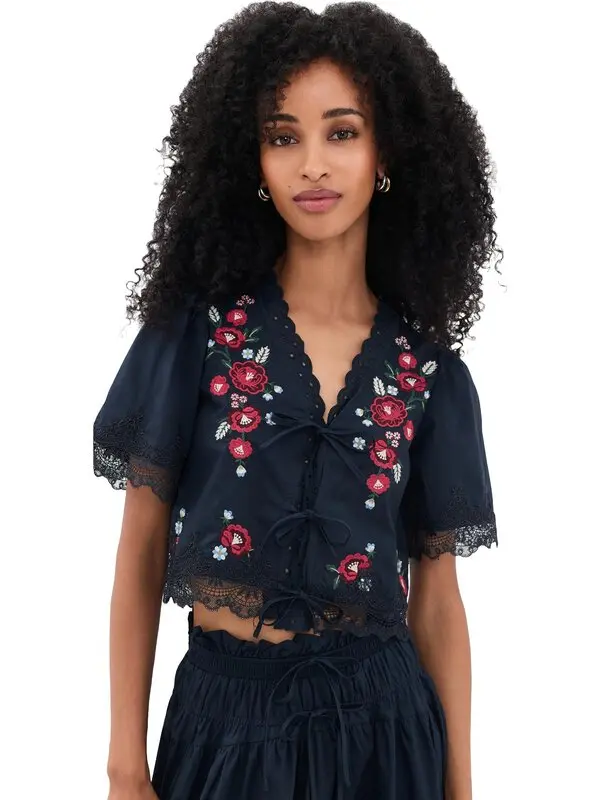 Moon River Embroidered Floral Tie Front Blouse - Navy