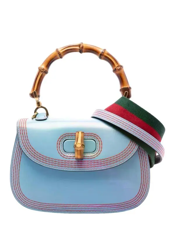 Gucci 2016-2026 Small Calfskin Web Stitched Bamboo 1947 Top Handle Bag Satchel - Blue