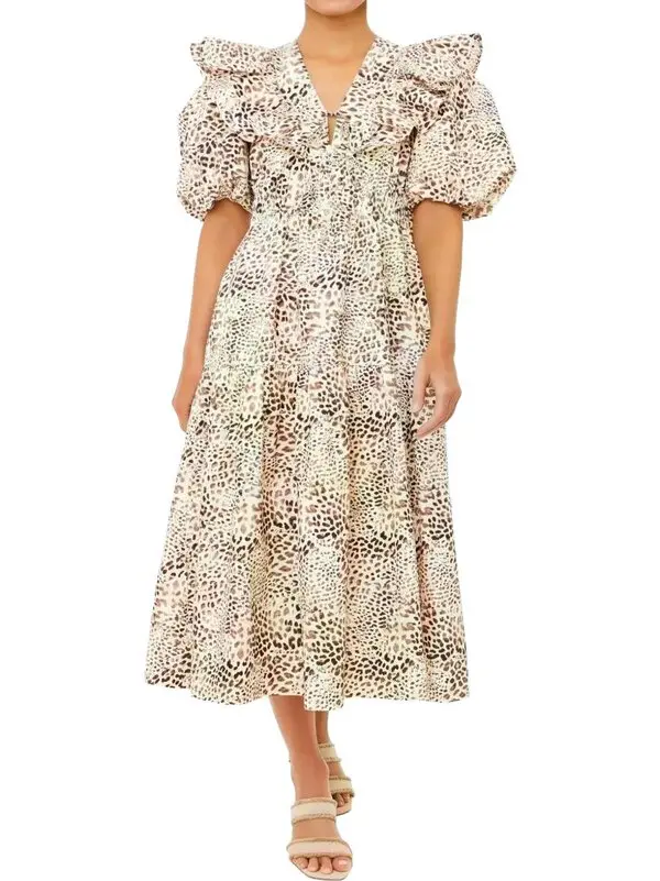 Sea Calla Cheetah-print Puff-sleeve Midi Dress - Neutrals