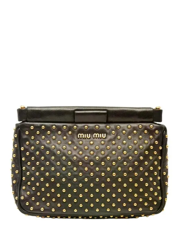 Miu Miu 2010-2026 Studded Leather Frame Clutch Bag - Black
