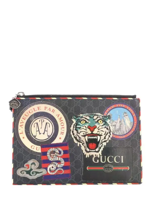 Gucci Night Courrier Pouch Gg Coated Canvas With Applique Clutch Bag - Black