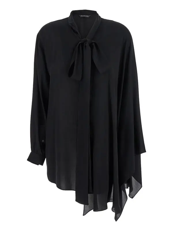 Balenciaga Black Blouse With Pussybow Collar And Asymmetric Design In Silk - Multicolor