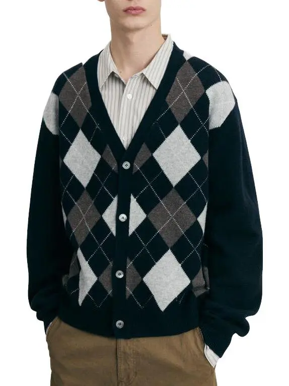 DUNST Gender Inclusive Argyle V-neck Cardigan - Navy