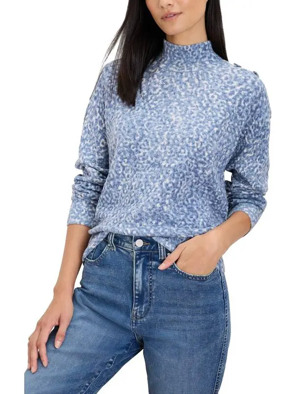 NIC+ZOE Cheetah Print Mock Neck Sweater - Blue Multi