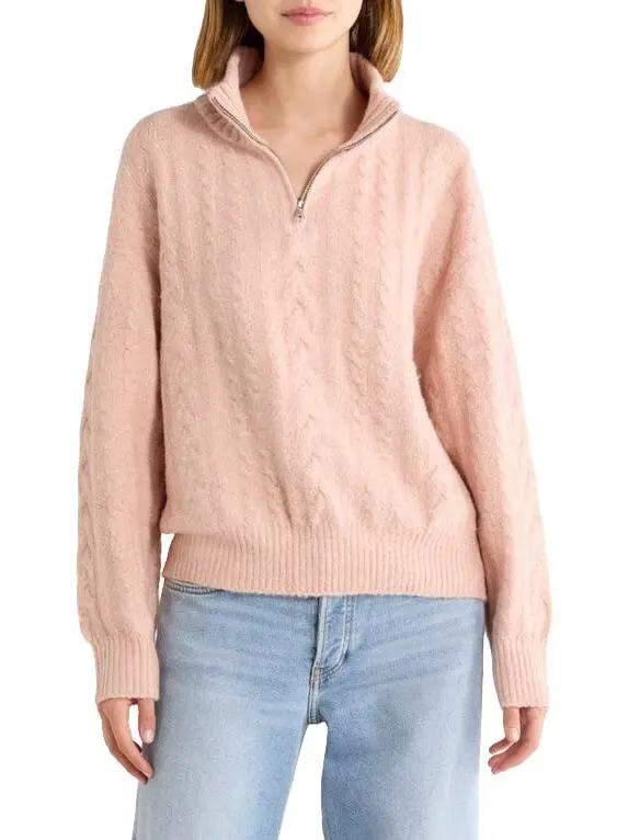 WAYF West Half Zip Cable Knit Sweater - Blush