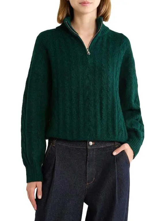 WAYF West Half Zip Cable Knit Sweater - Pine Green
